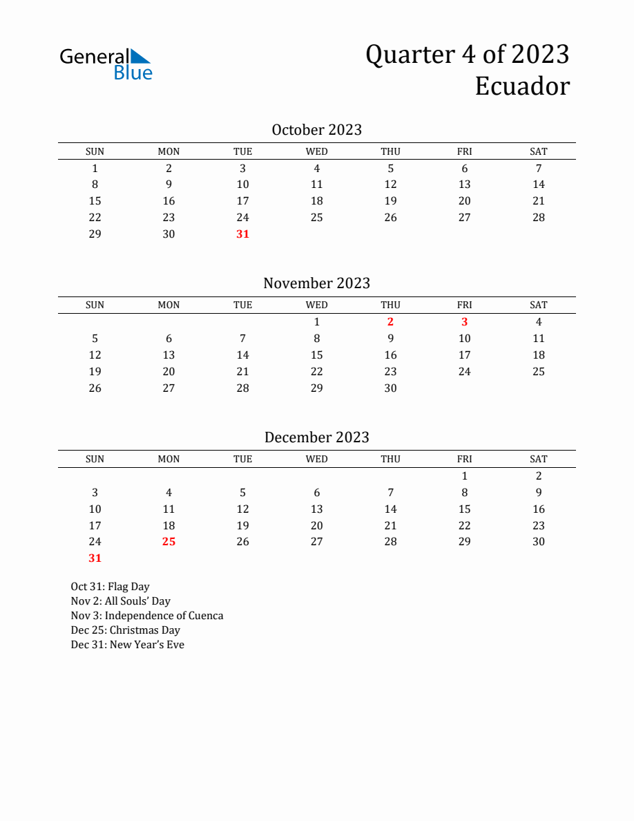 Quarter 4 2023 Ecuador Calendar