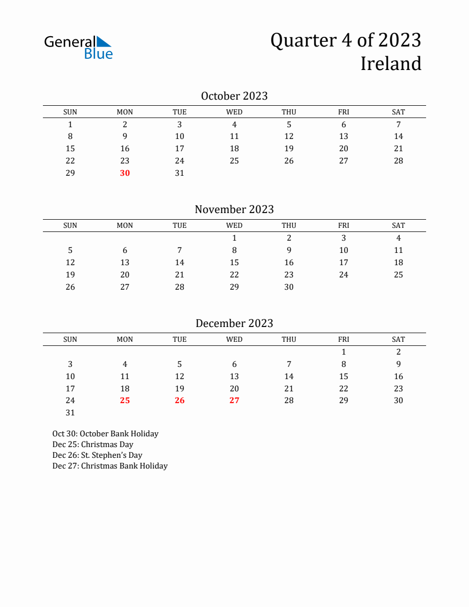 Quarter 4 2023 Ireland Calendar