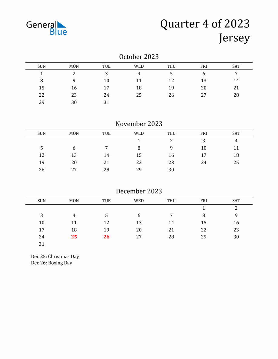 Quarter 4 2023 Jersey Calendar