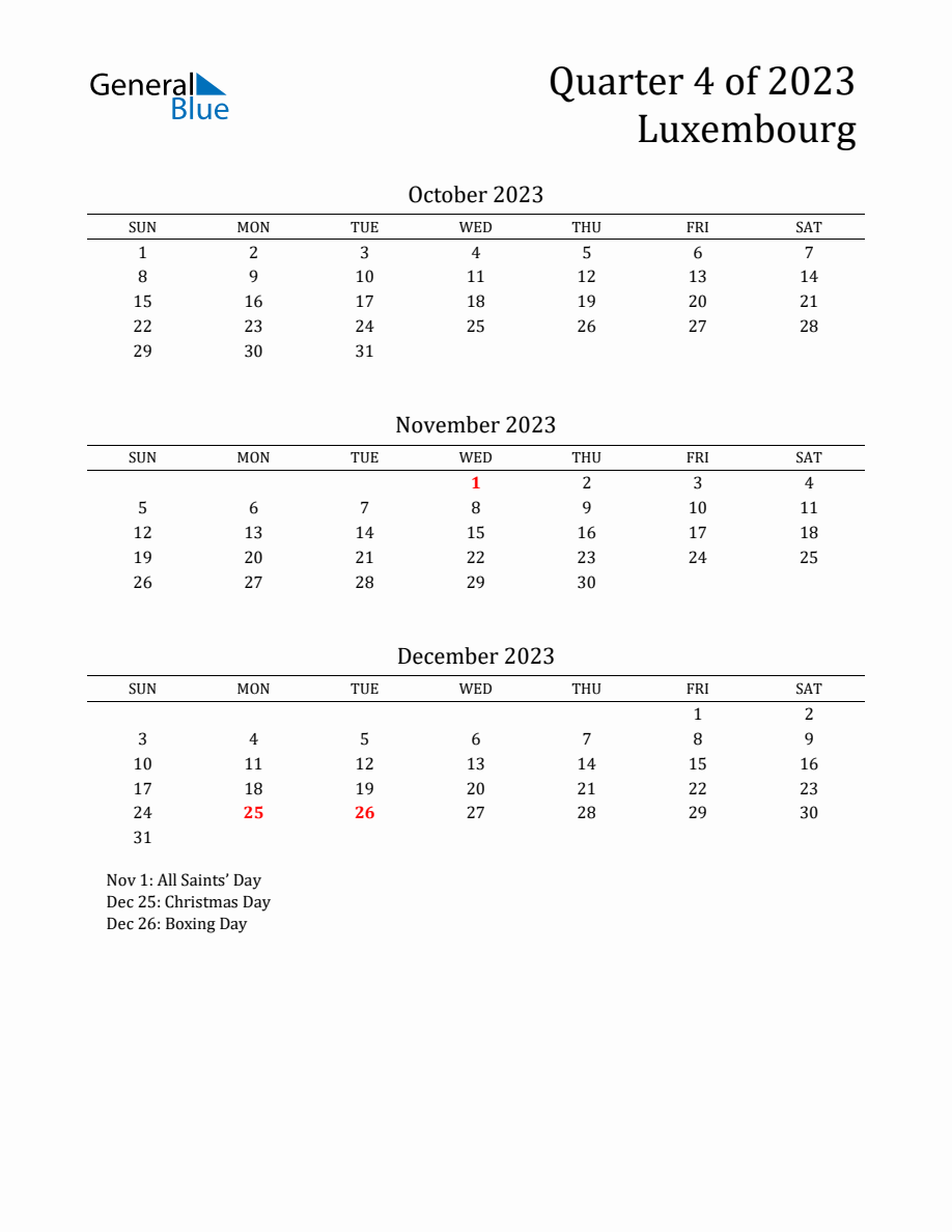 Quarter 4 2023 Luxembourg Calendar