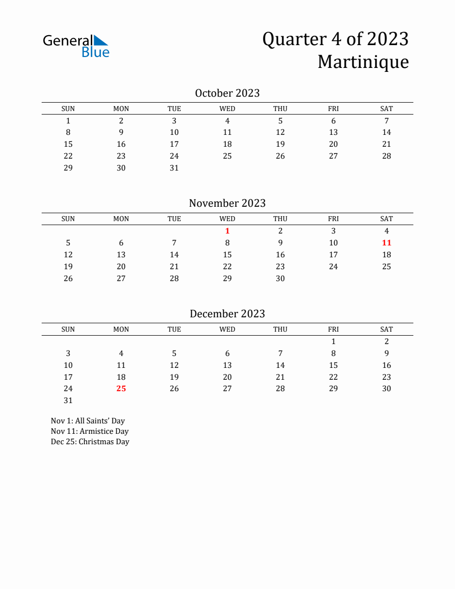 Quarter 4 2023 Martinique Calendar