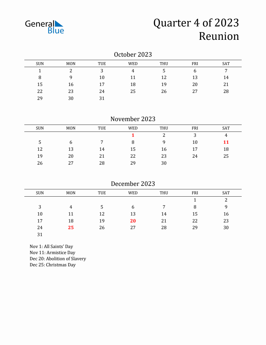 Quarter 4 2023 Reunion Calendar