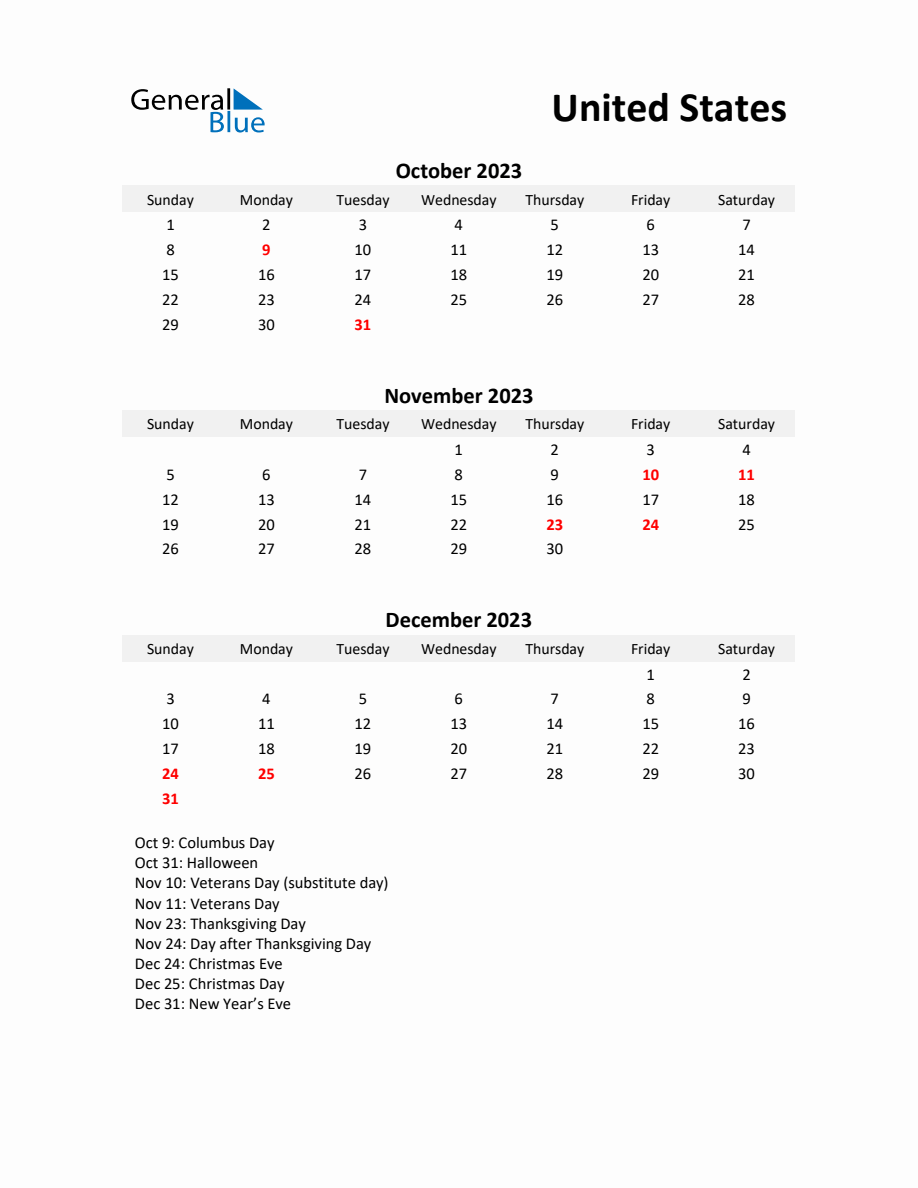 Printable Quarterly Calendar with Notes and United States Holidays (Q4 ...