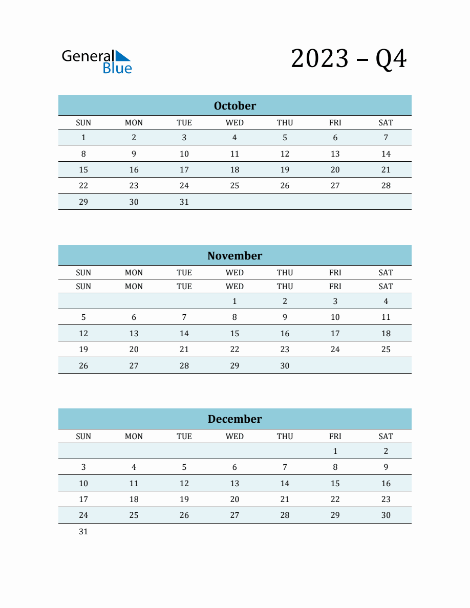 Blank Q4 Quarterly Calendar 2023 (October, November and December)
