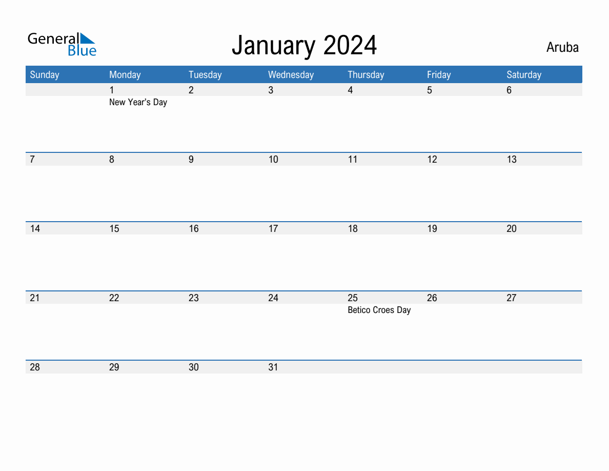 Editable January 2024 Calendar with Aruba Holidays