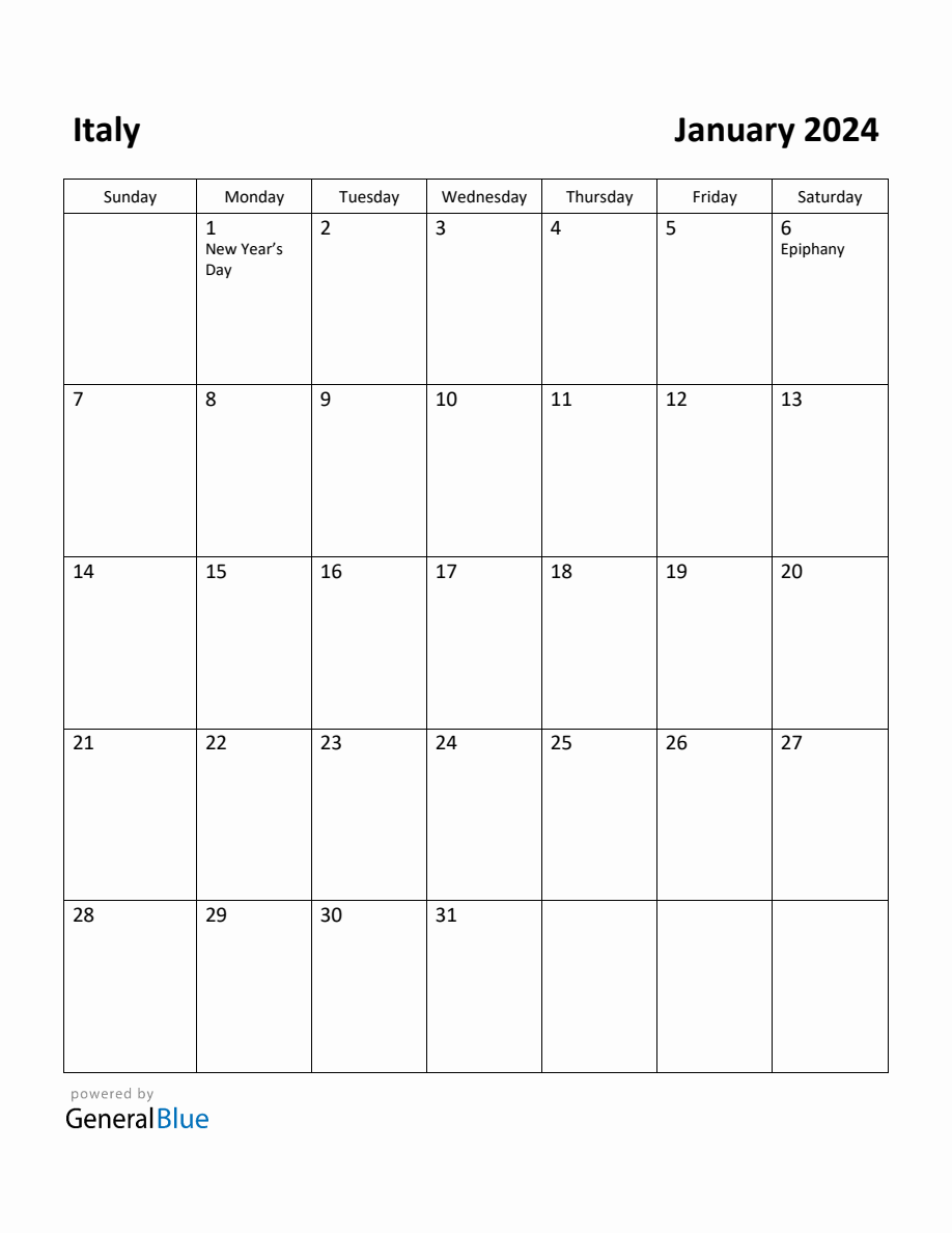 Free Printable January 2024 Calendar for Italy