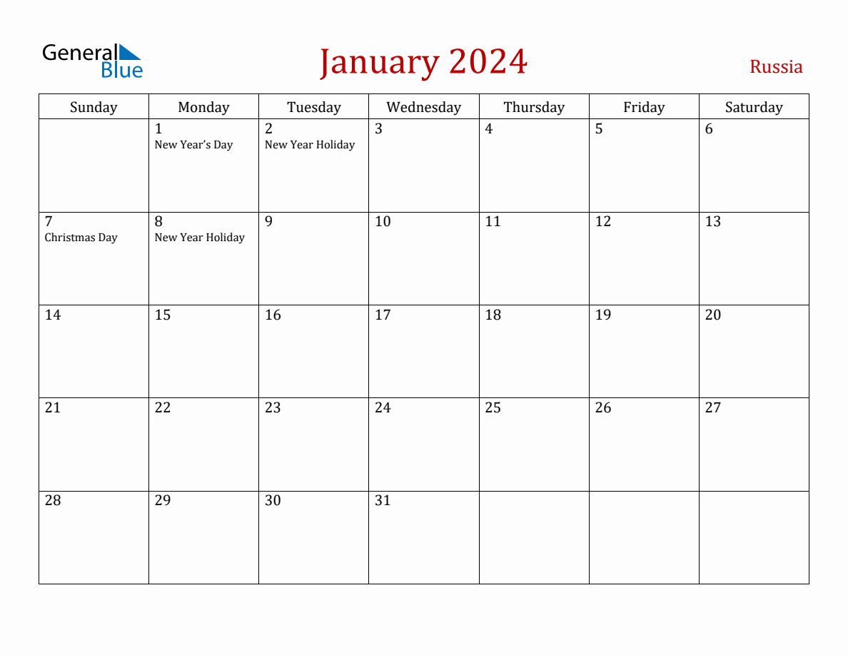 January 2024 Russia Monthly Calendar with Holidays