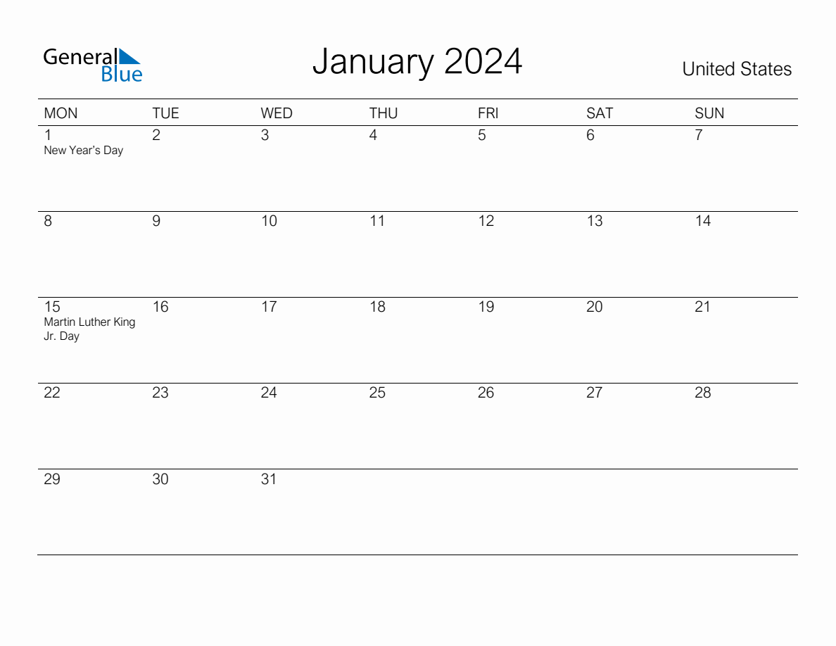 Printable January 2024 Monthly Calendar with Holidays for United States ...