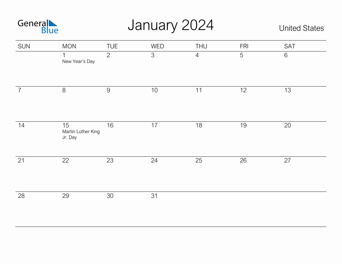 Printable January 2024 Monthly Calendar with Holidays for United States