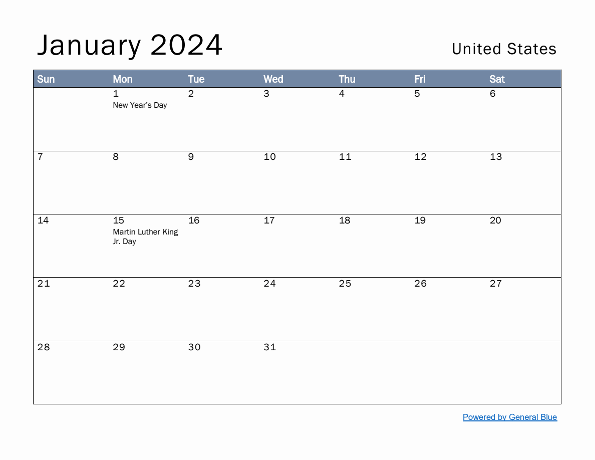 Free Monthly Calendar Template for January 2024 with United States Holidays