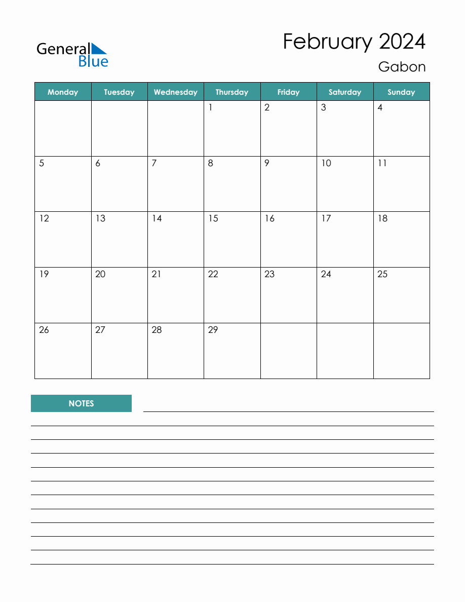 Monthly Planner with Gabon Holidays - February 2024 (Monday Start)