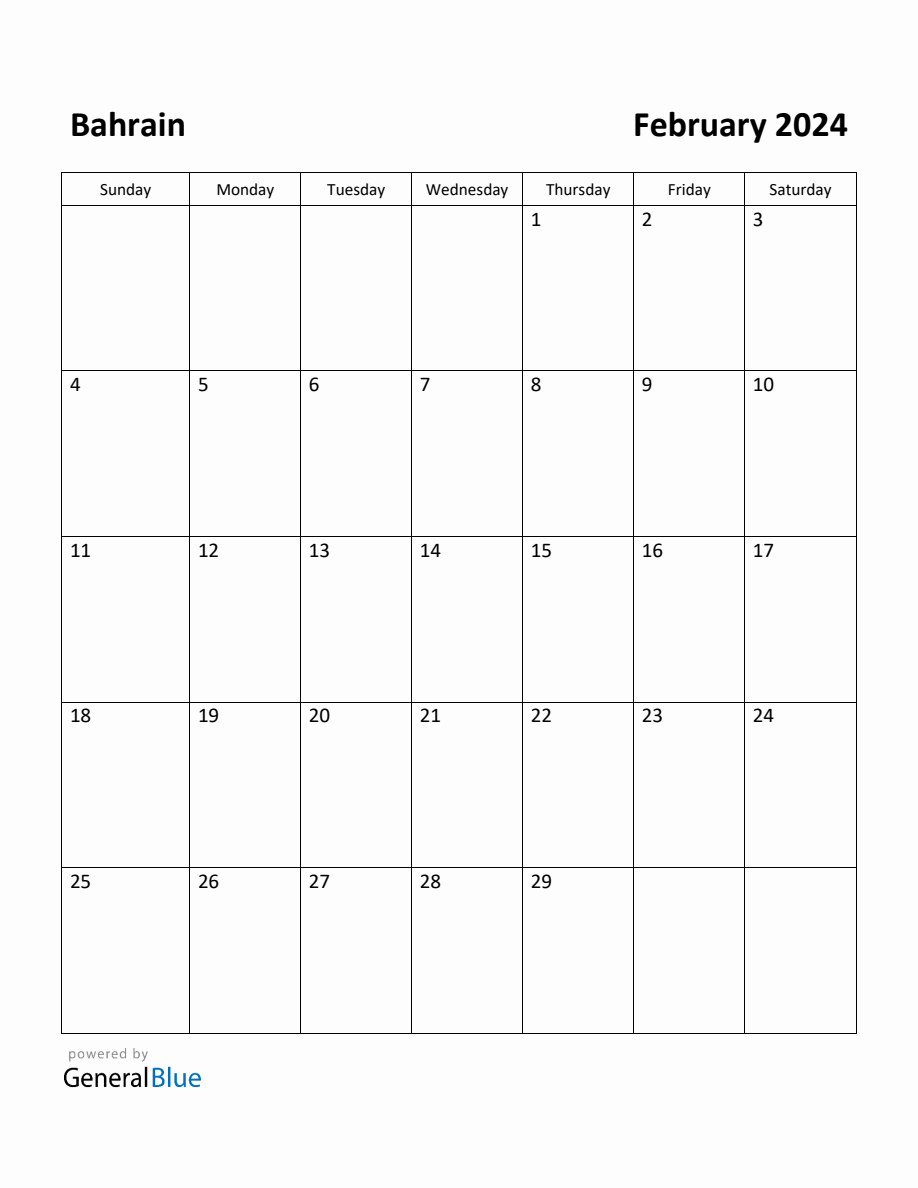 Free Printable February 2024 Calendar for Bahrain