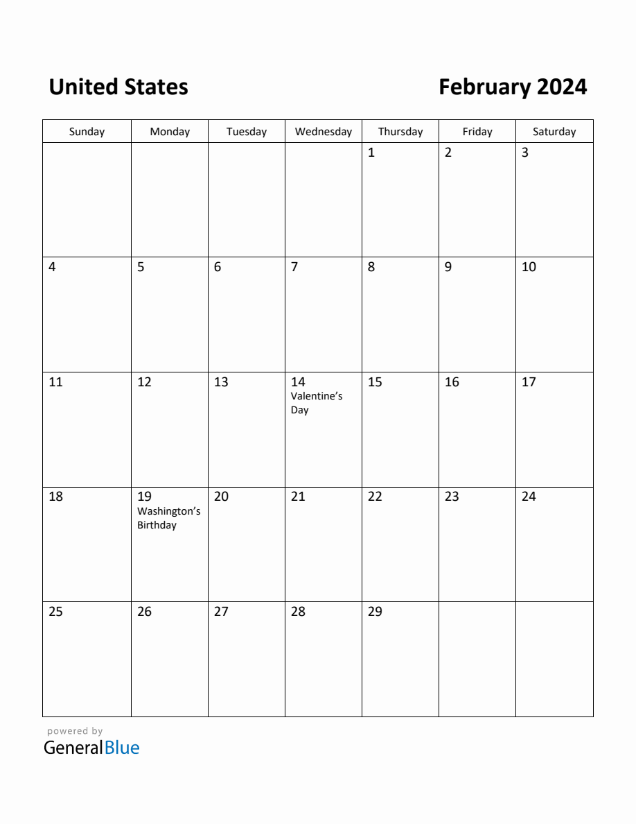 Free Printable February 2024 Calendar for United States
