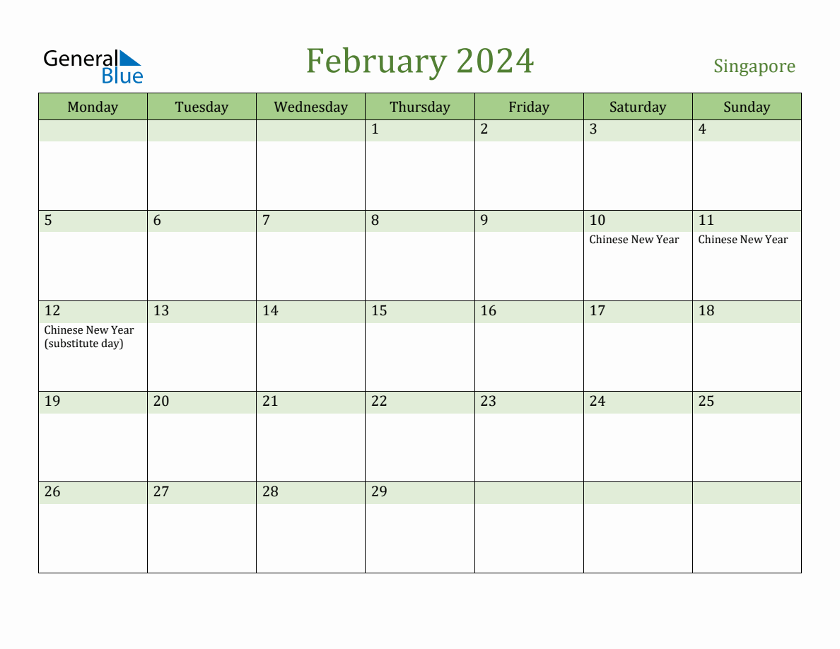 Fillable Holiday Calendar for Singapore - February 2024 (Monday Start)