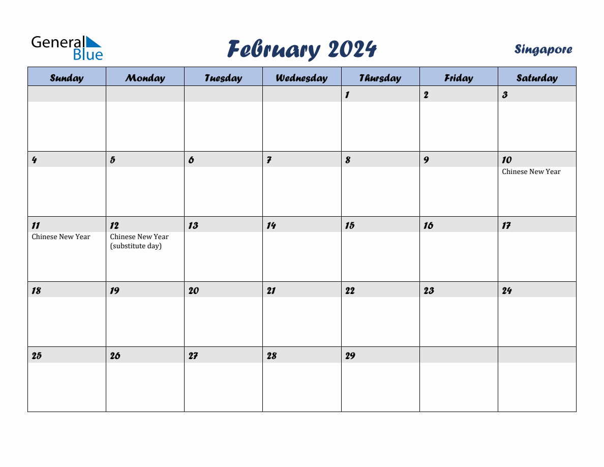 February 2024 Monthly Calendar Template with Holidays for Singapore
