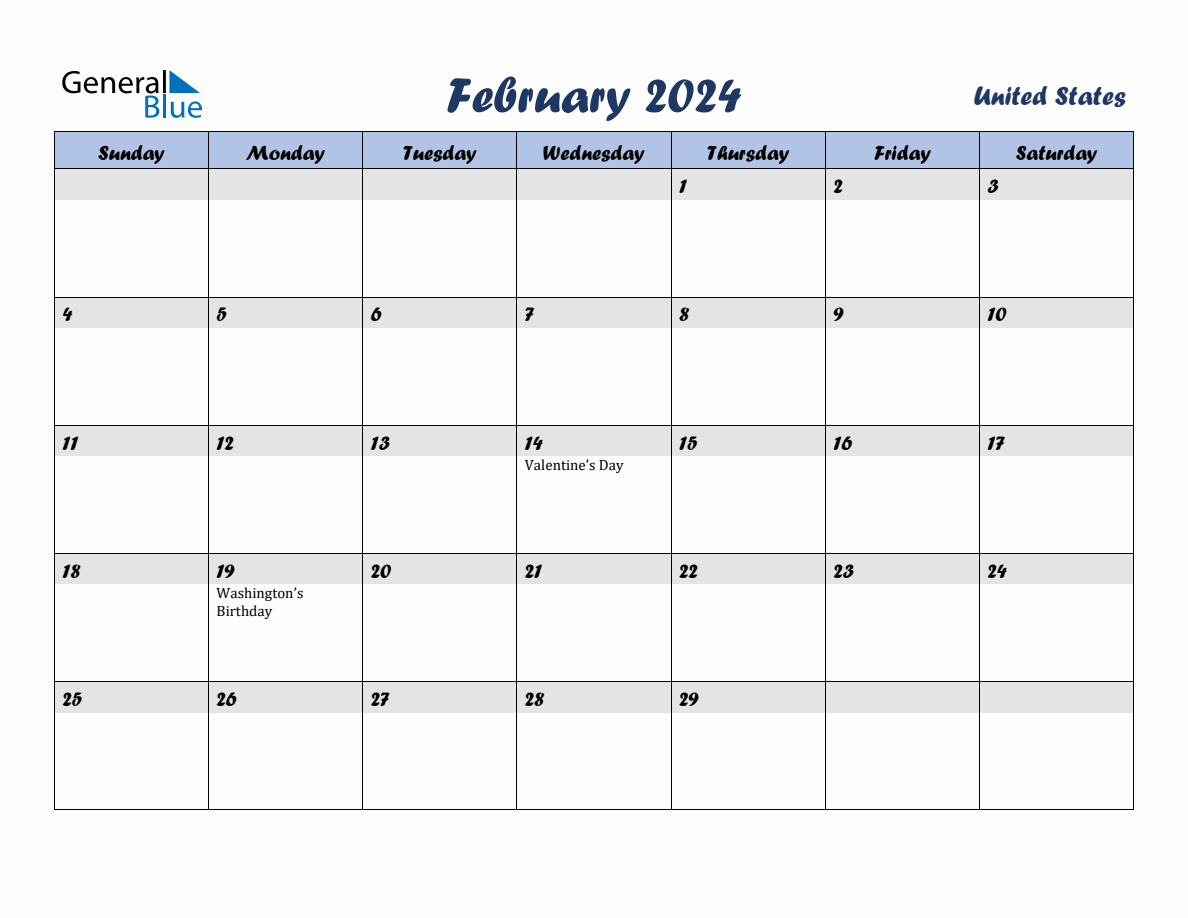 February 2024 Monthly Calendar Template with Holidays for United States