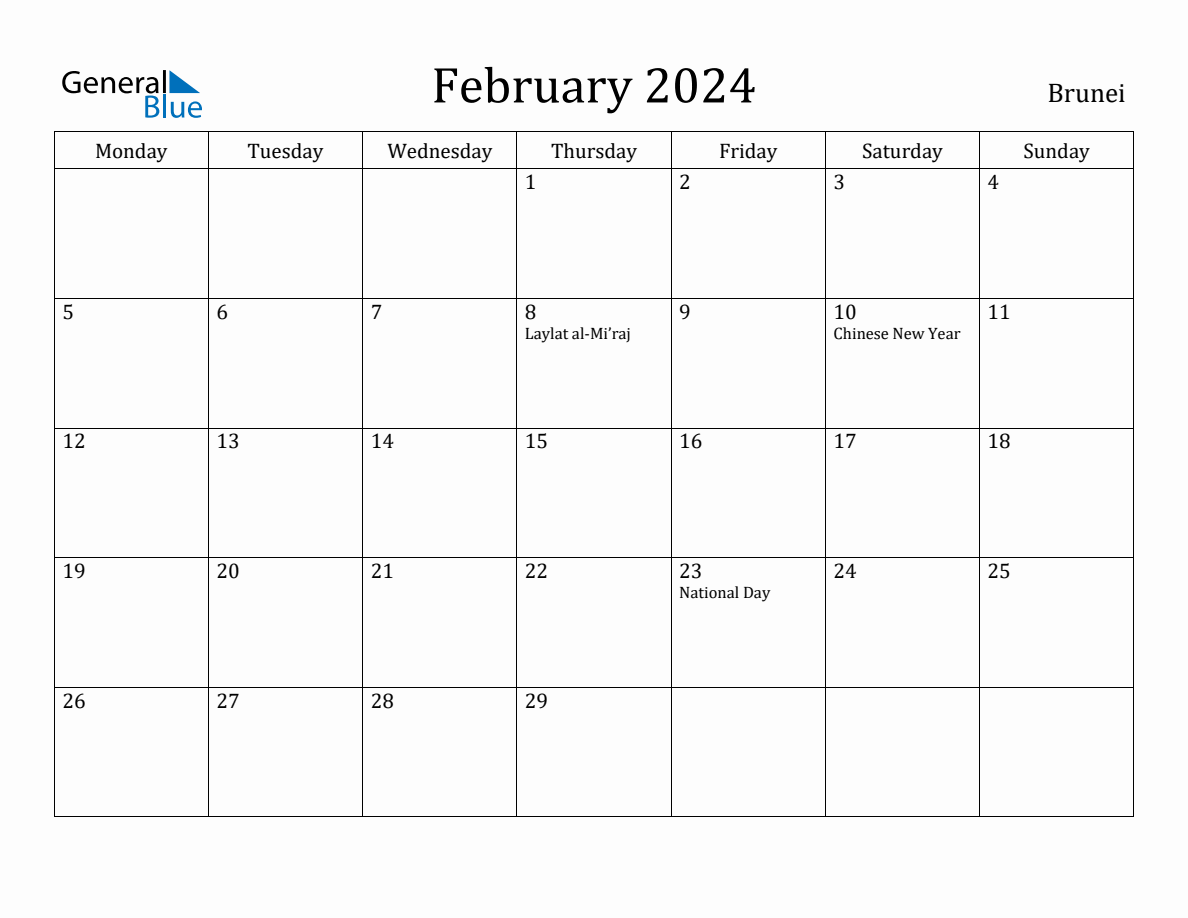 Brunei Monthly Calendar - February 2024 (Monday Start)
