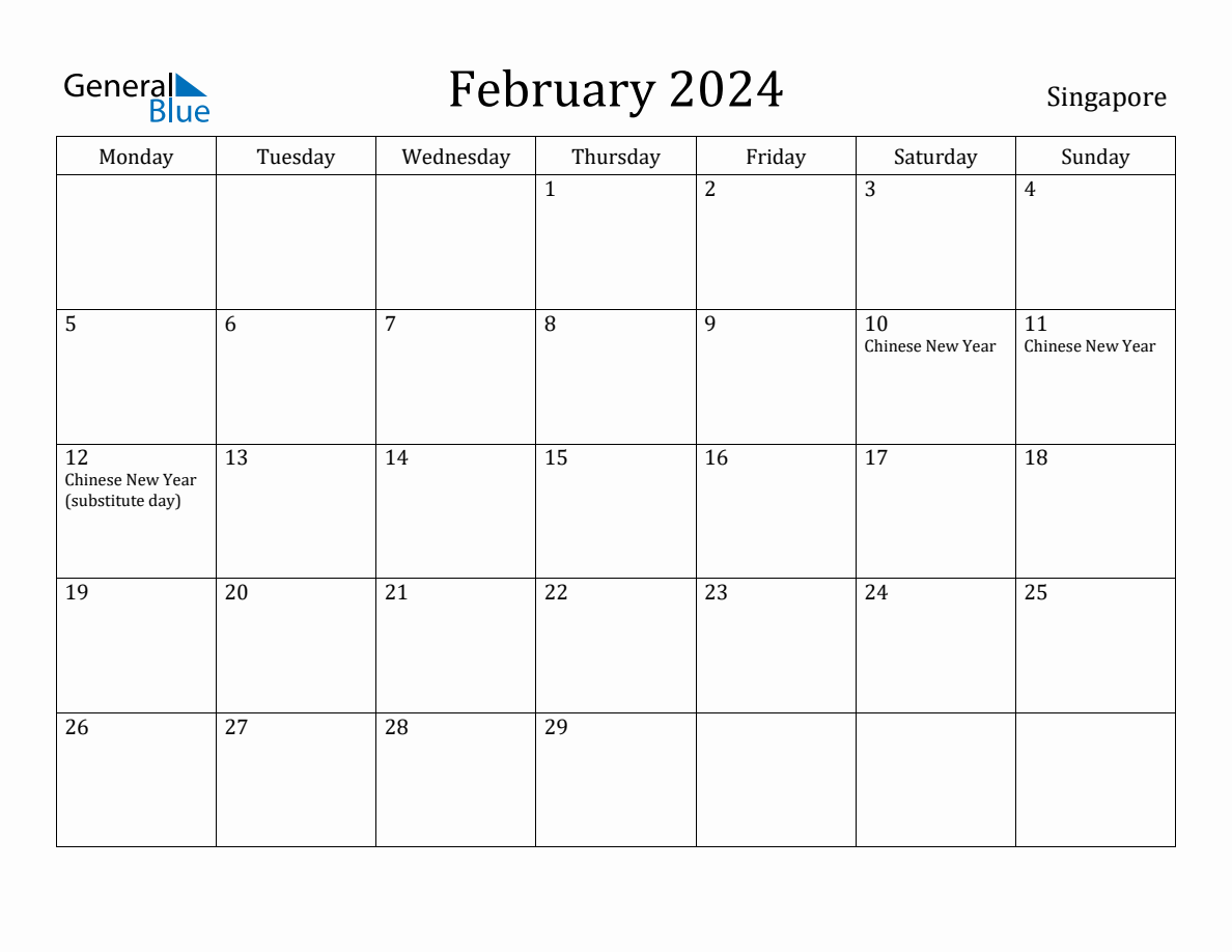 February 2024 Monthly Calendar with Singapore Holidays (Monday Start)