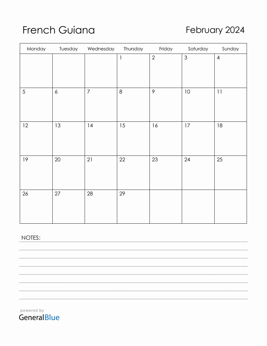 February 2024 French Guiana Calendar with Holidays (Monday Start)