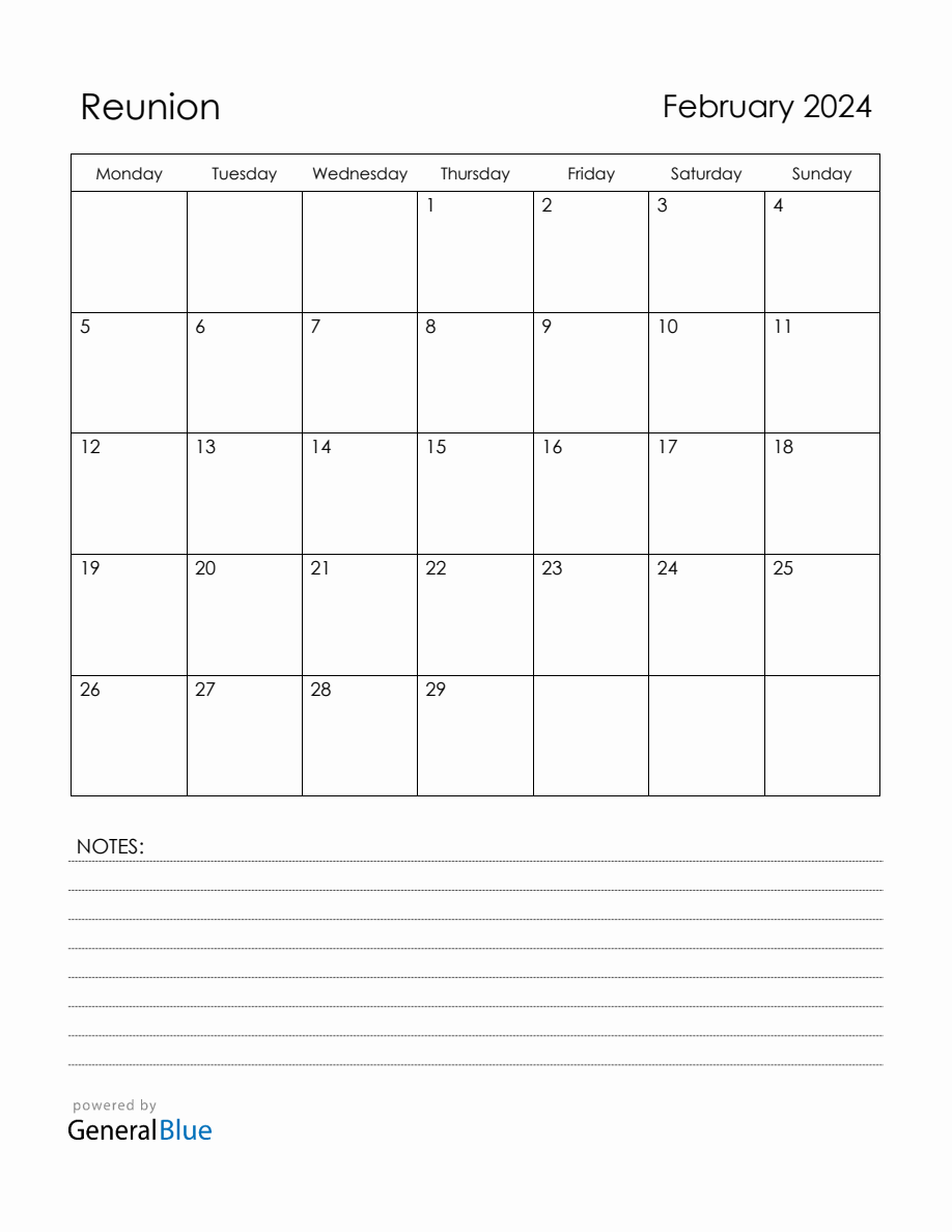 February 2024 Reunion Calendar with Holidays