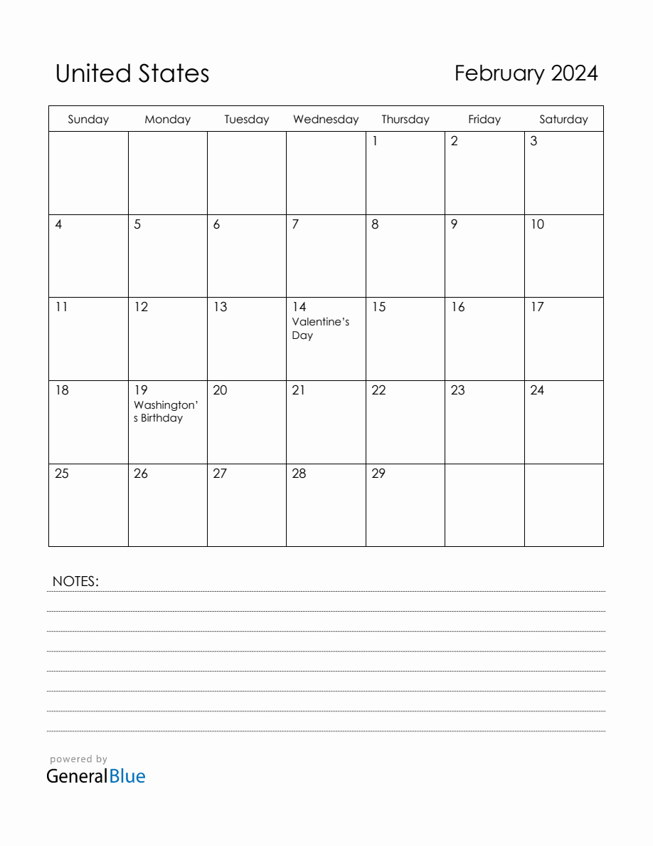 February 2024 United States Calendar with Holidays