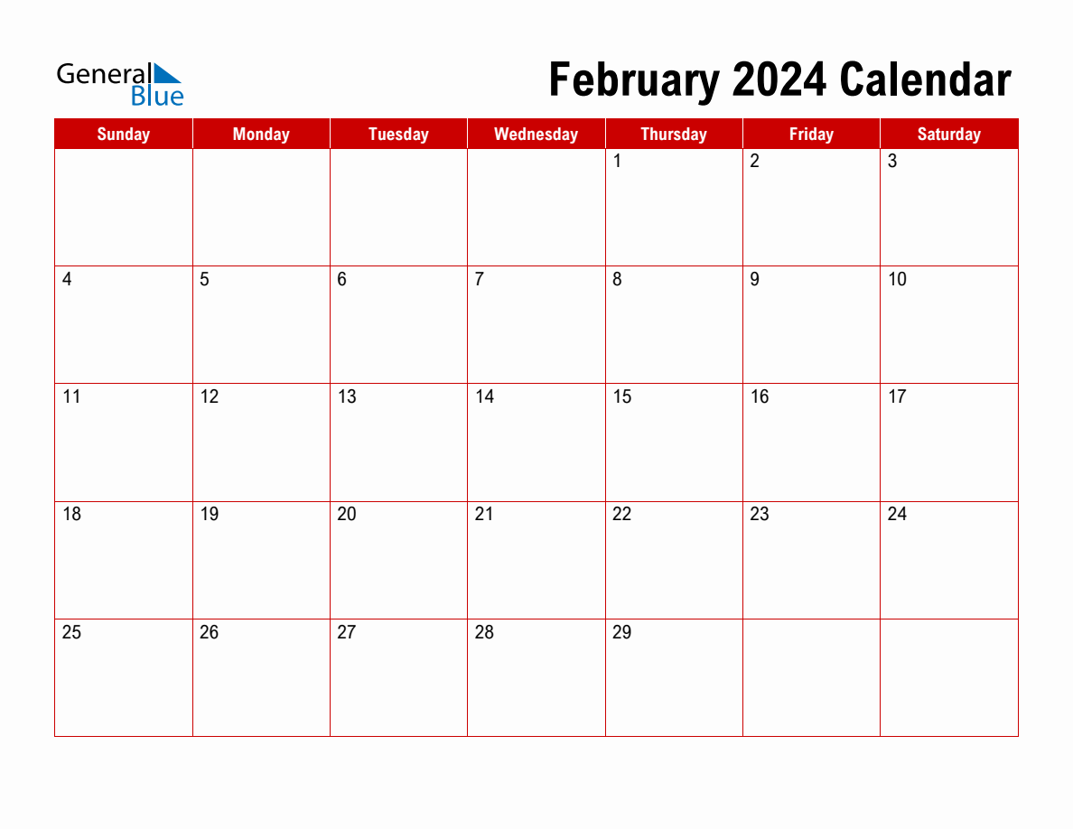 Basic Monthly Calendar - February 2024