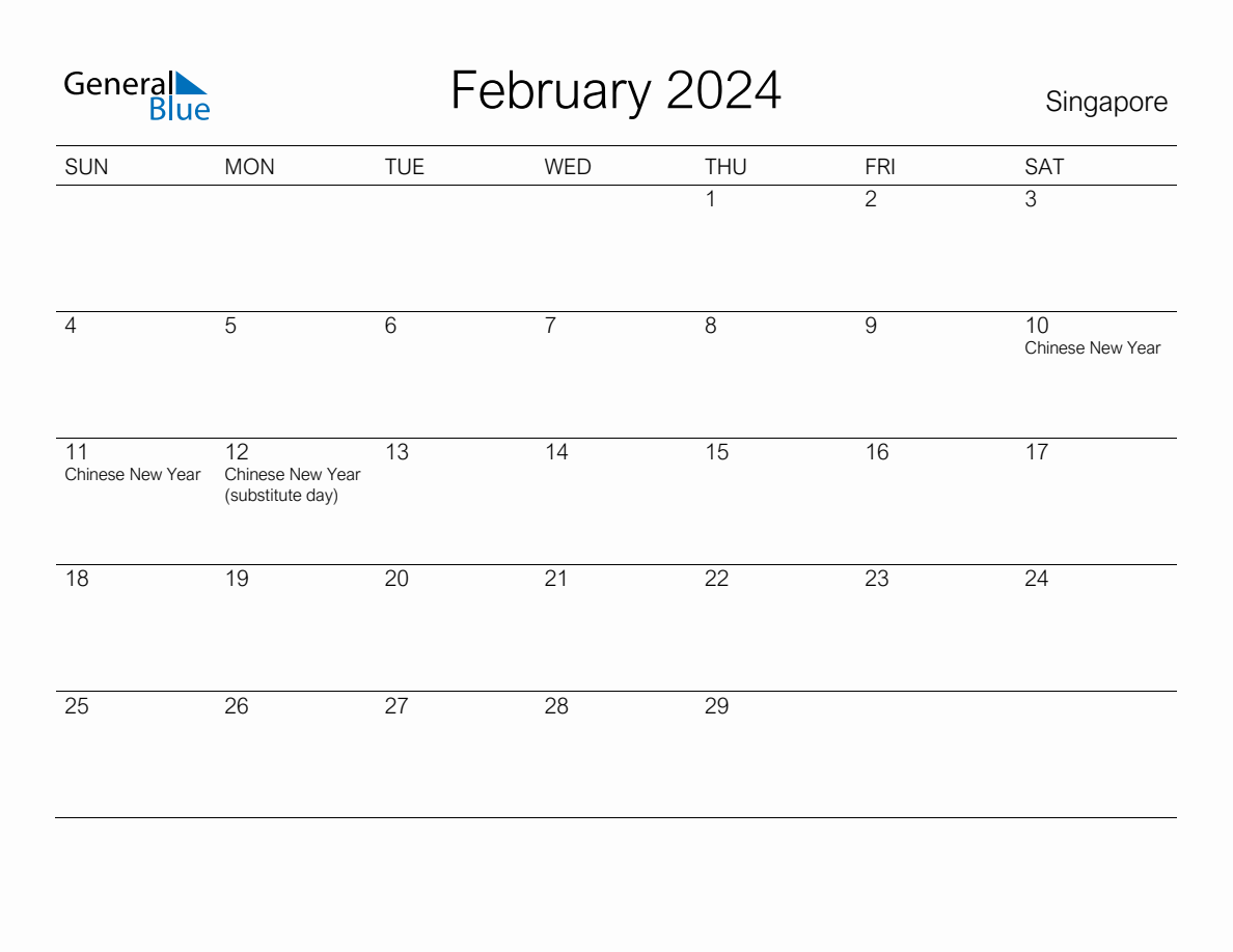 Printable February 2024 Monthly Calendar with Holidays for Singapore