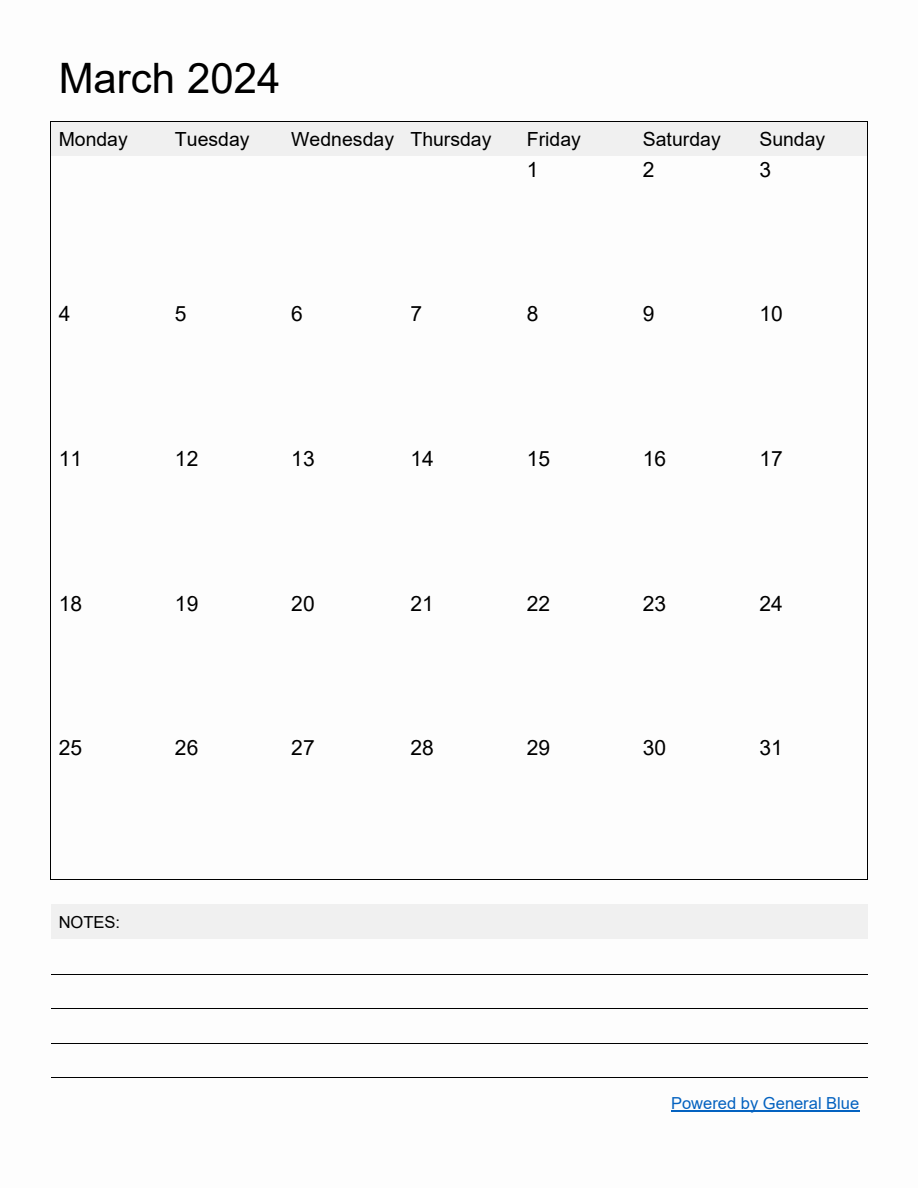 Free Printable Monthly Calendar for March 2024 - Monday Start