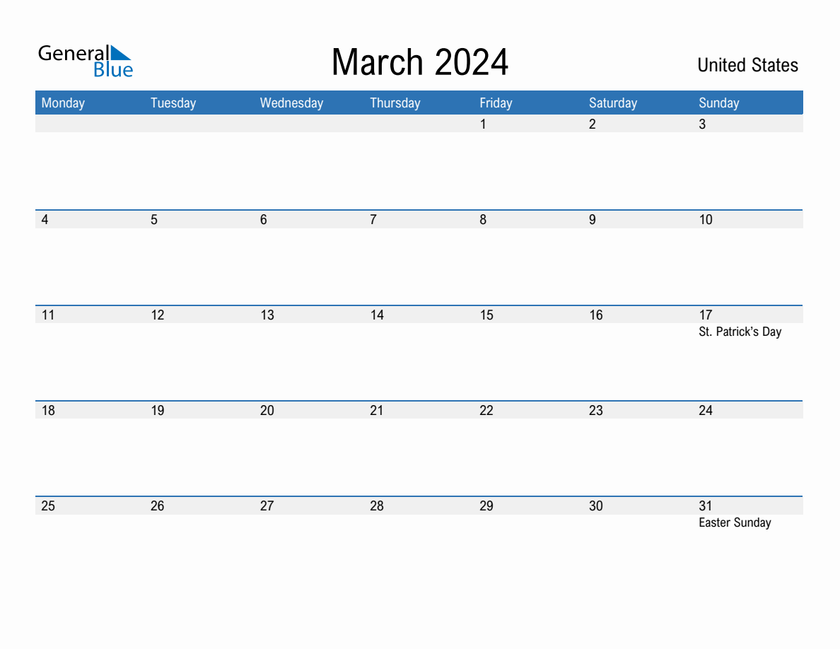 Editable March 2024 Calendar with United States Holidays (Monday Start)