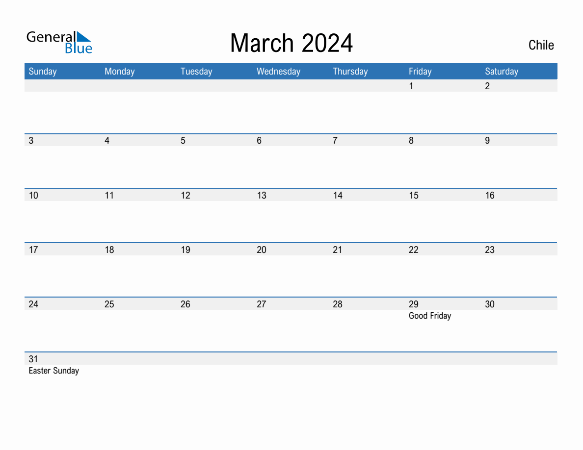 Editable March 2024 Calendar with Chile Holidays