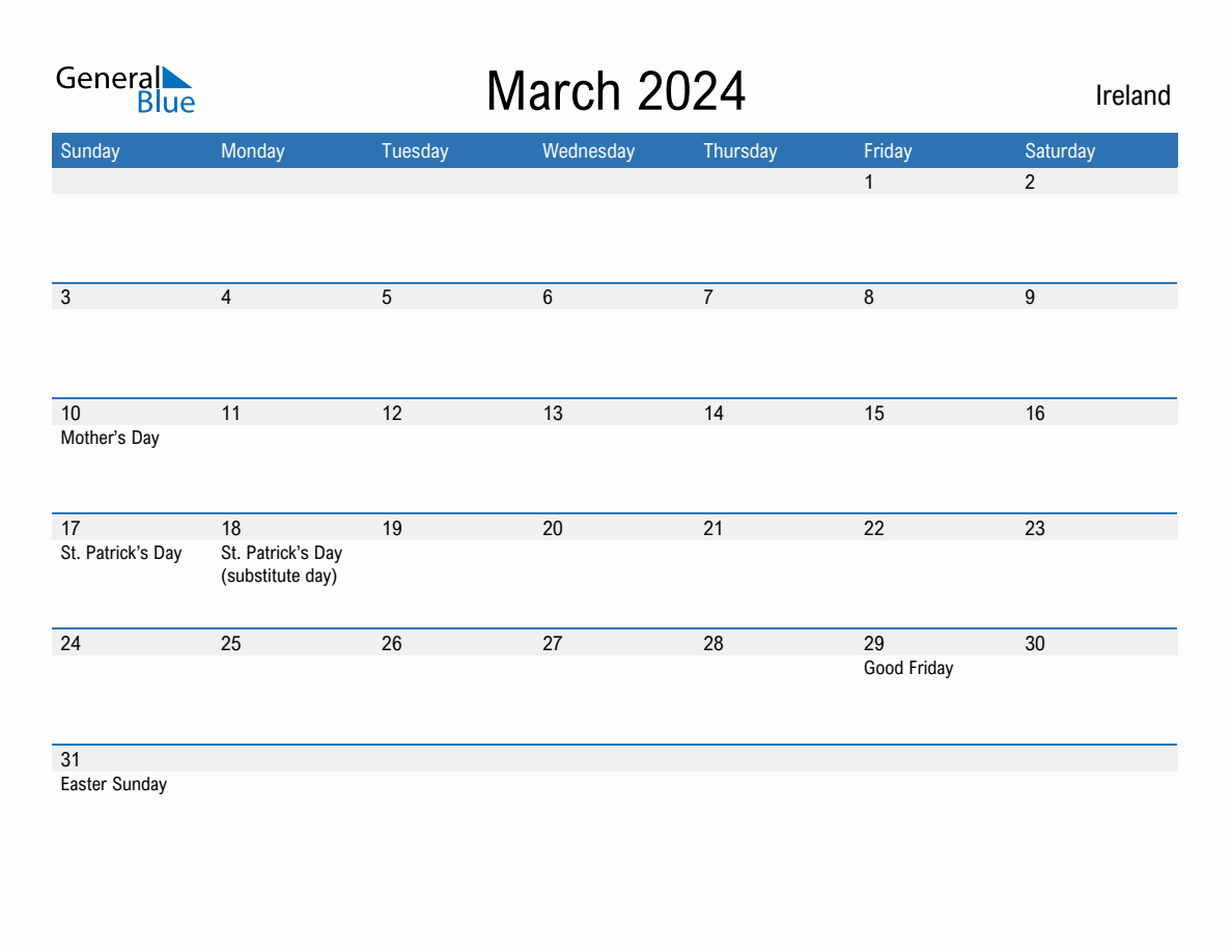 Editable March 2024 Calendar with Ireland Holidays