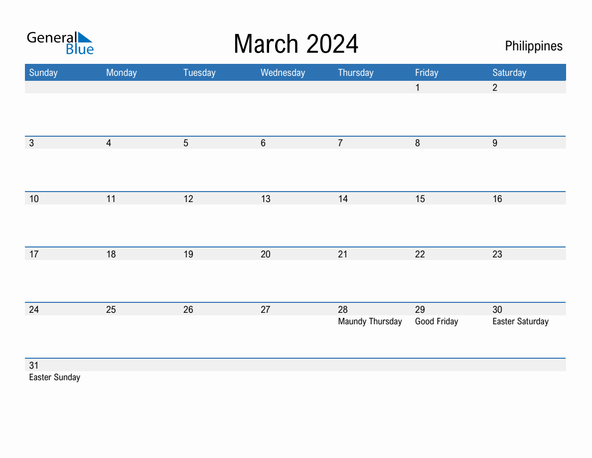 March 2024 Monthly Calendars with Philippines Holidays