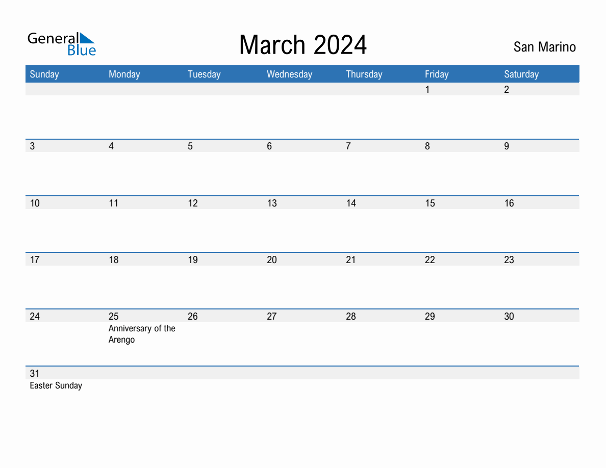 March 2024 Monthly Calendars with San Marino Holidays
