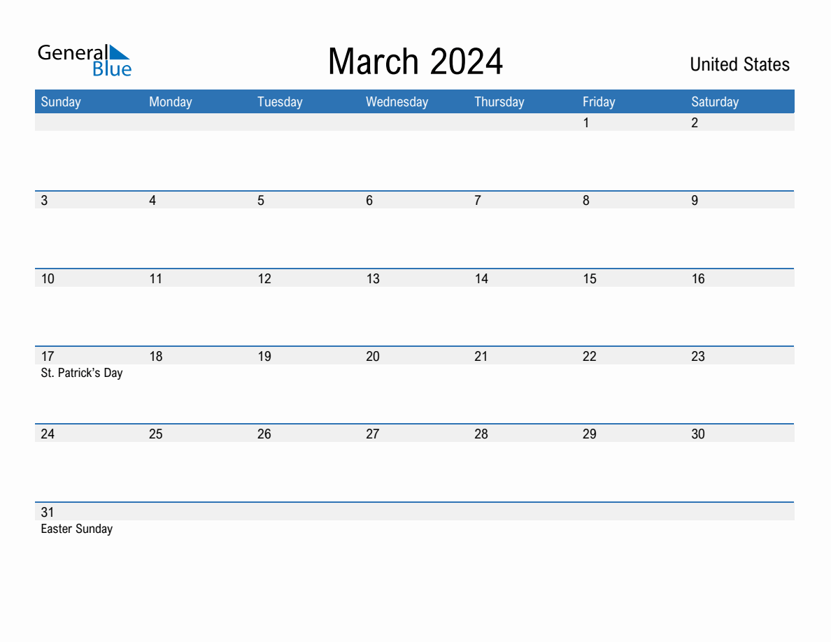 Editable March 2024 Calendar with United States Holidays