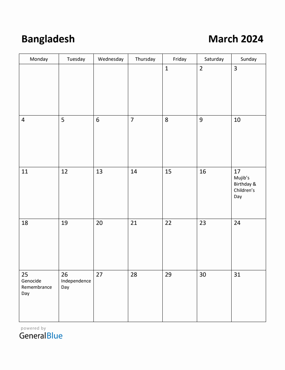 Free Printable March 2024 Calendar for Bangladesh (Monday Start)