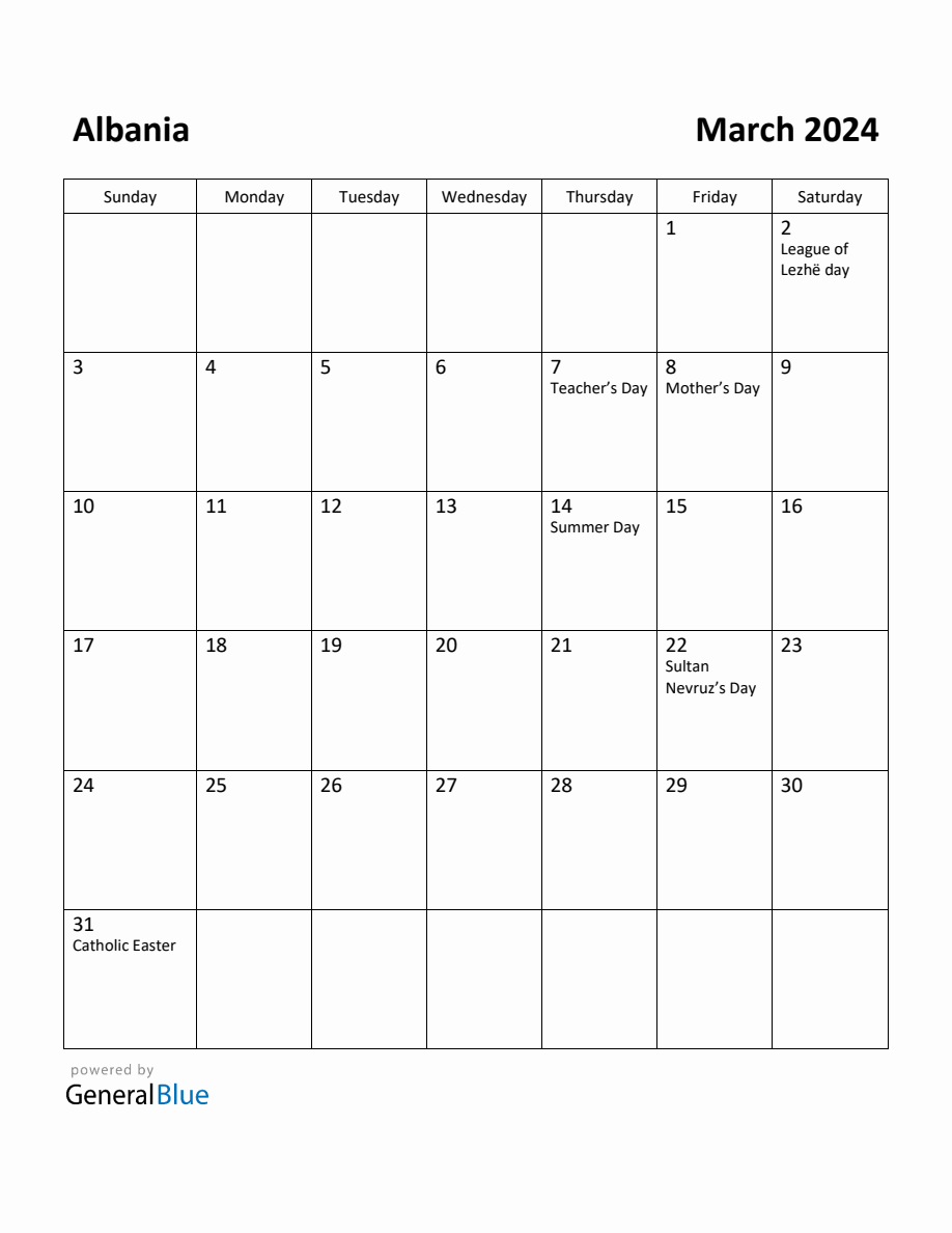 Free Printable March 2024 Calendar for Albania
