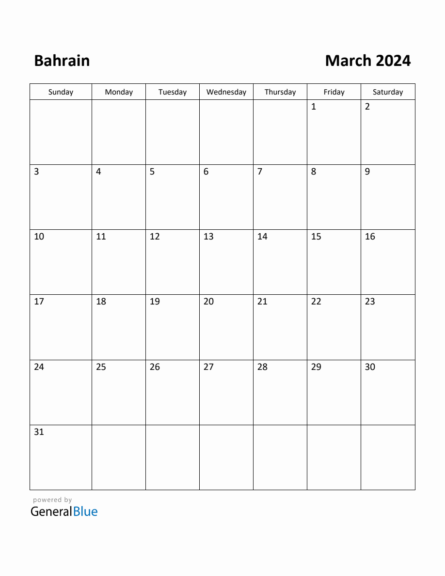 Free Printable March 2024 Calendar for Bahrain