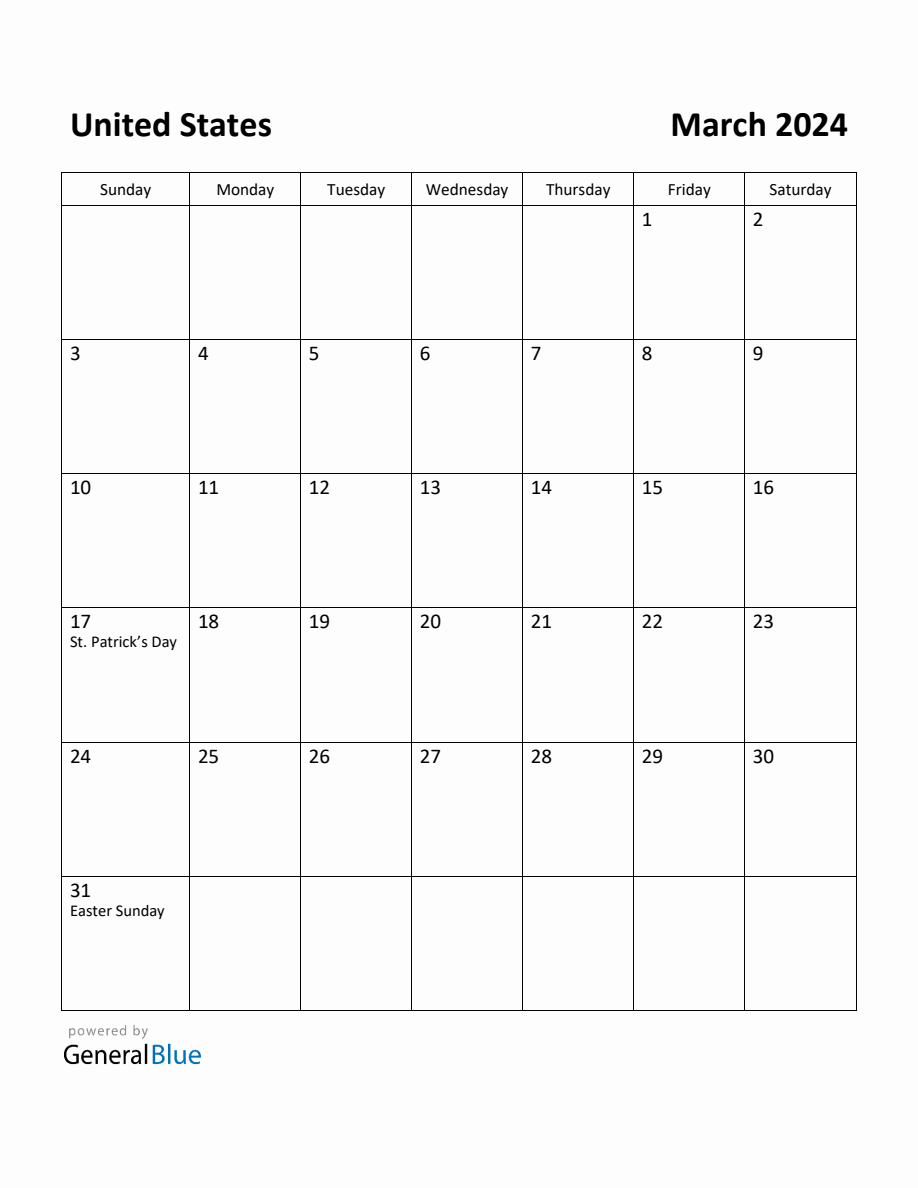 Free Printable March 2024 Calendar for United States