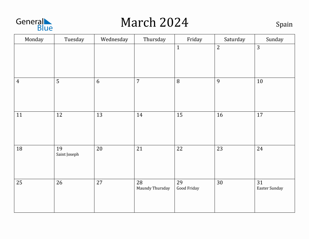 Spain Monthly Calendar - March 2024 (Monday Start)