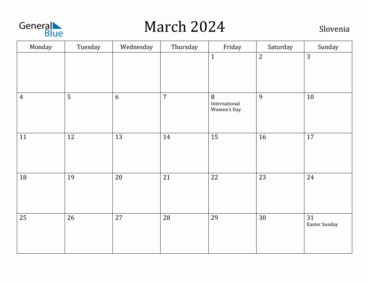 Slovenia Monthly Calendar - March 2024 (Monday Start)