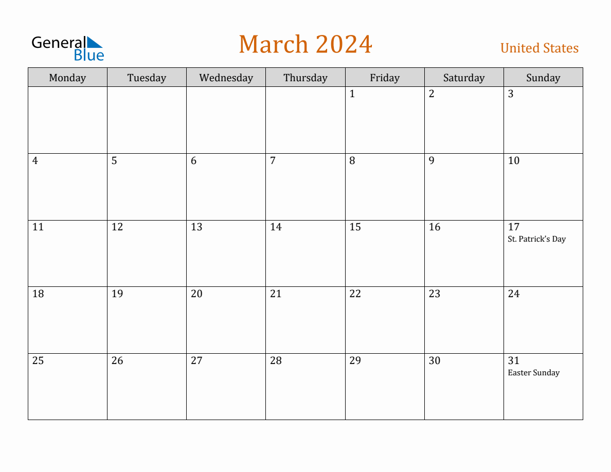 Free March 2024 United States Calendar (Monday Start)