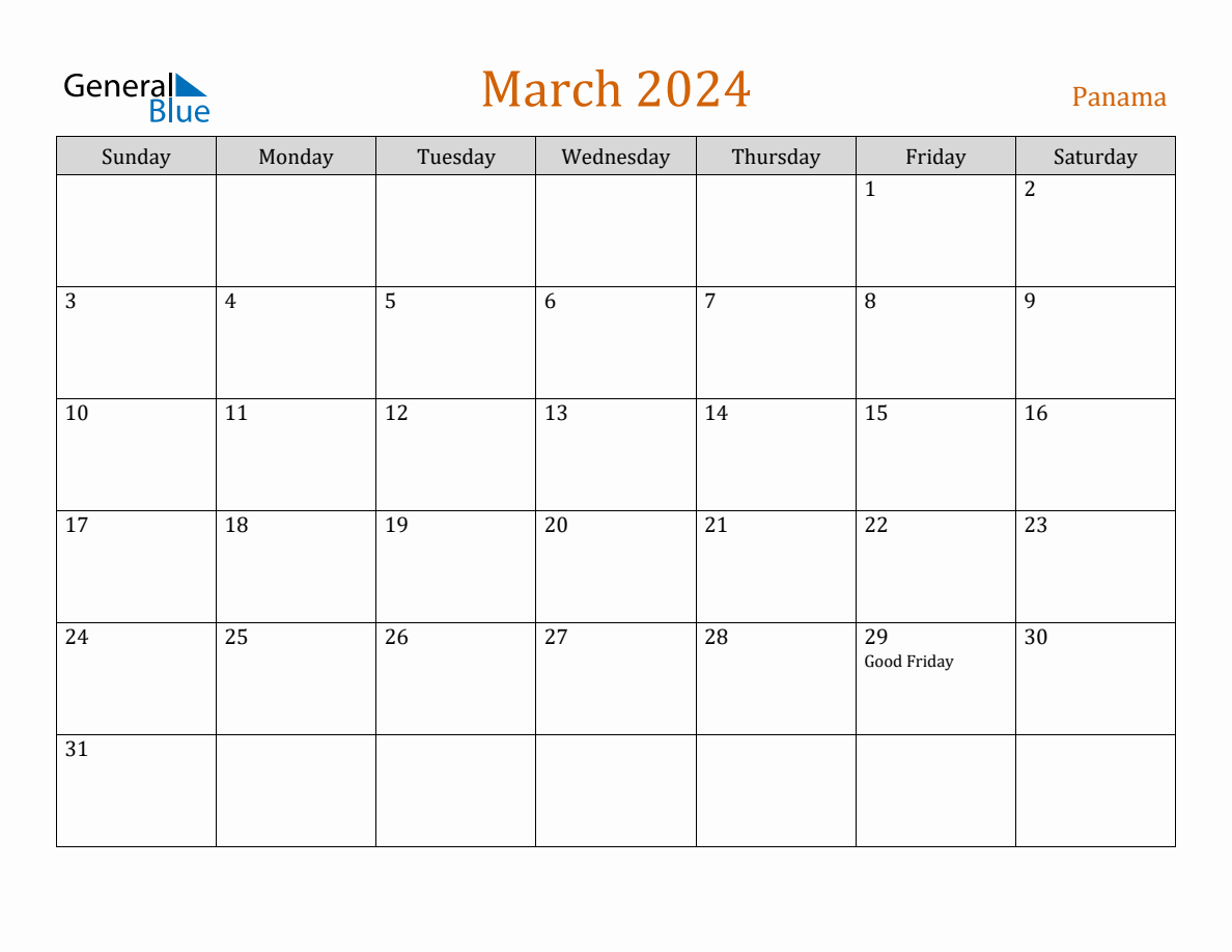 Free March 2024 Panama Calendar