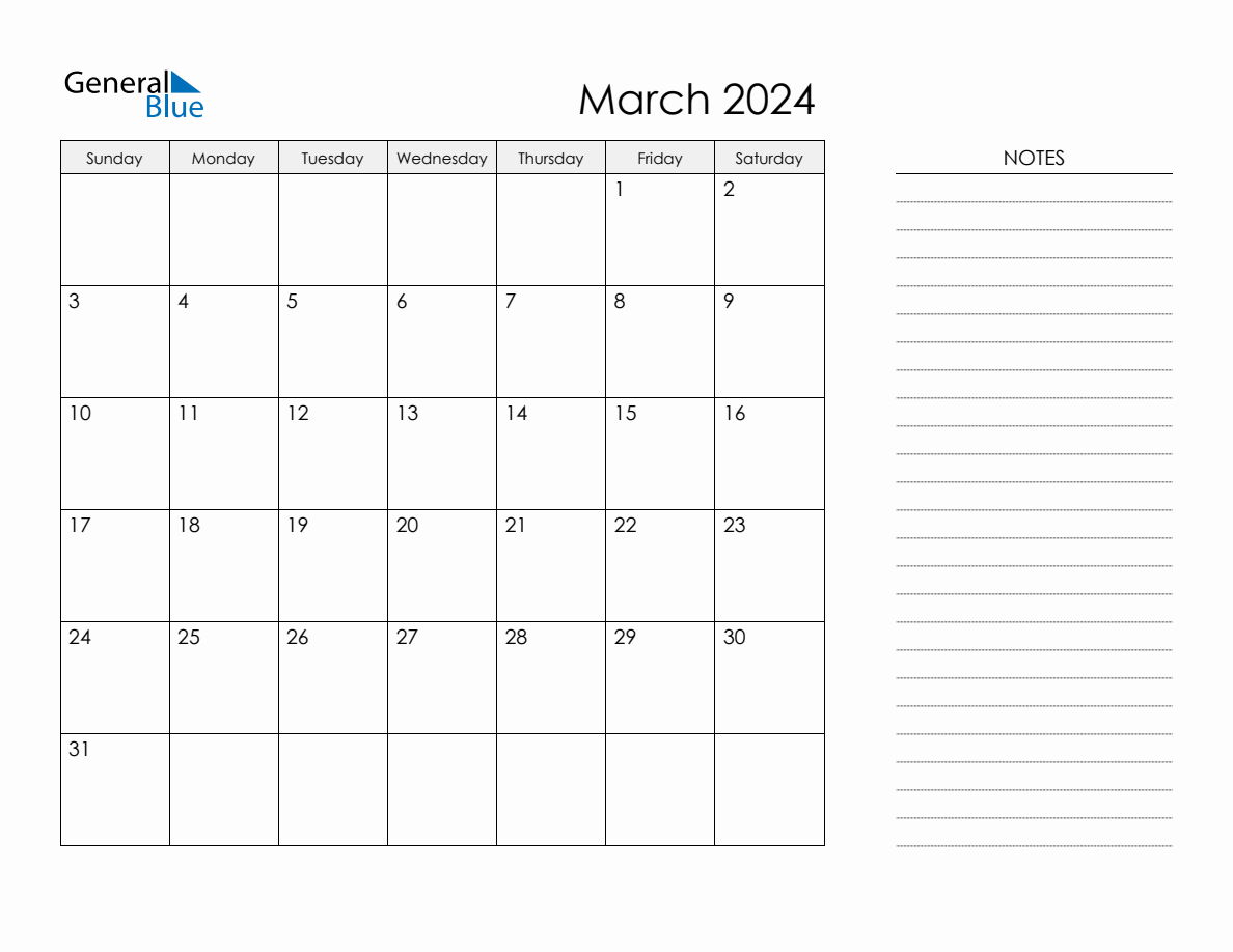 Printable Monthly Calendar with Notes - March 2024