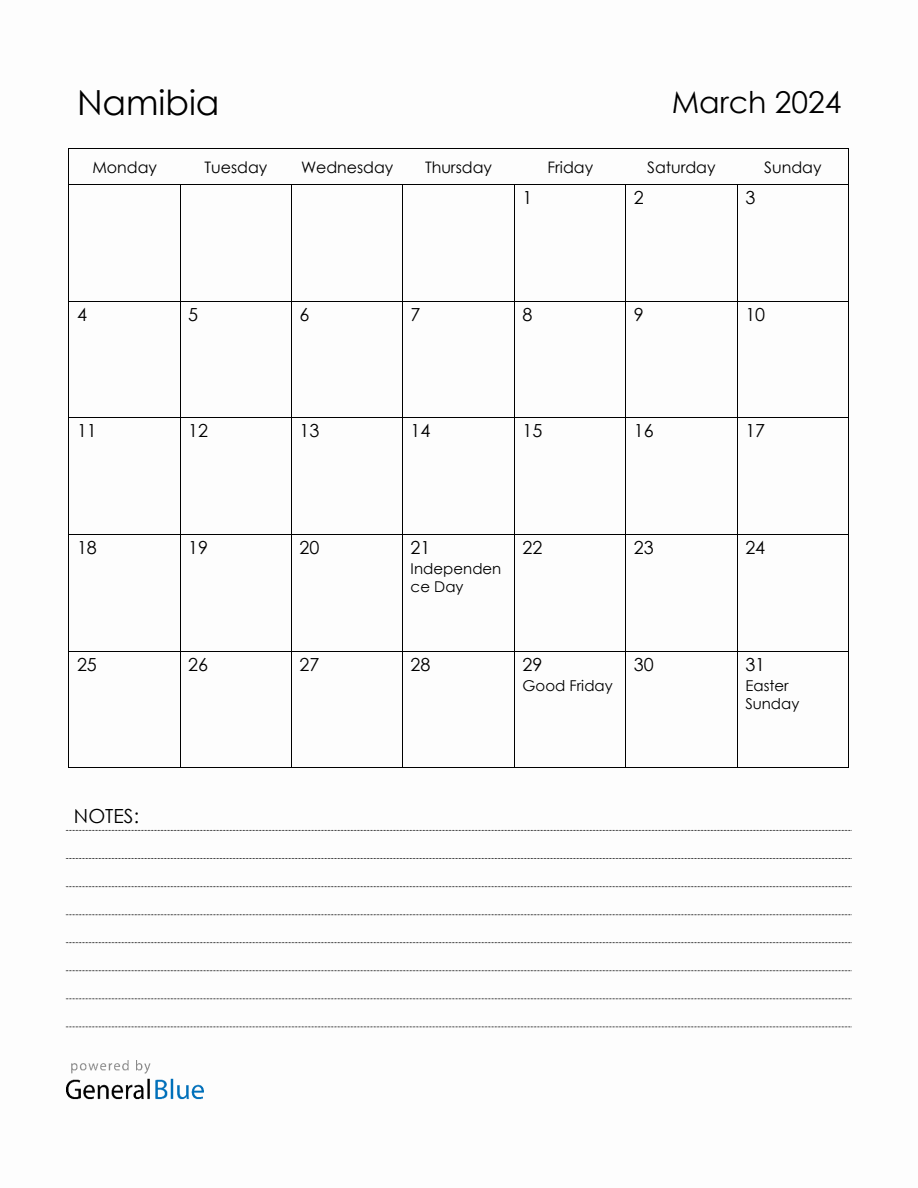 March 2024 Namibia Calendar with Holidays (Monday Start)