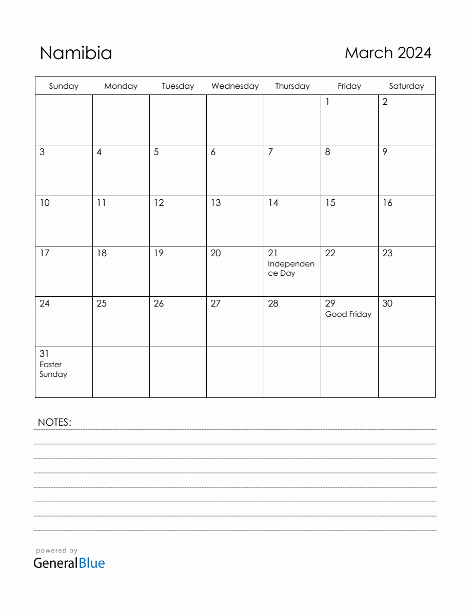 March 2024 Namibia Calendar with Holidays