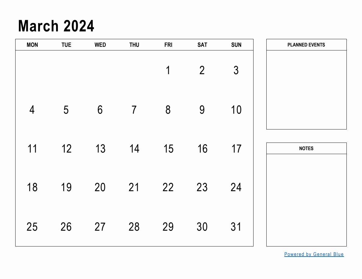 March 2024 Monthly Planner - Monday Start