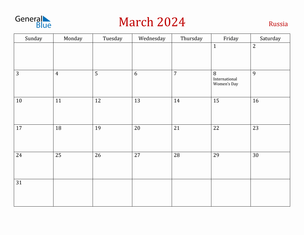 March 2024 Russia Monthly Calendar with Holidays