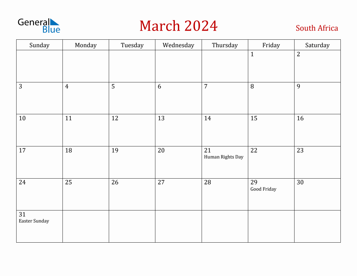 March 2024 South Africa Monthly Calendar with Holidays March 2024 South Africa Monthly Calendar with Holidays