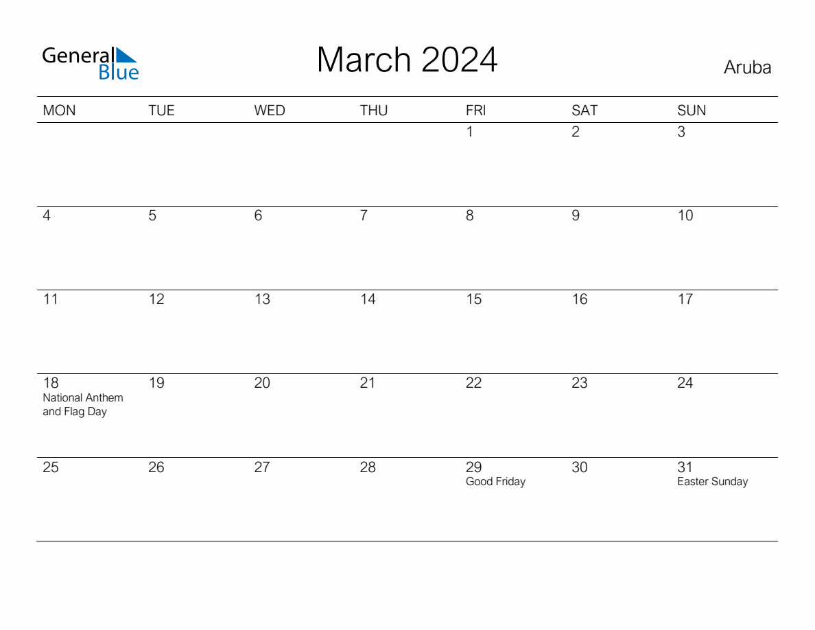 Printable March 2024 Monthly Calendar with Holidays for Aruba