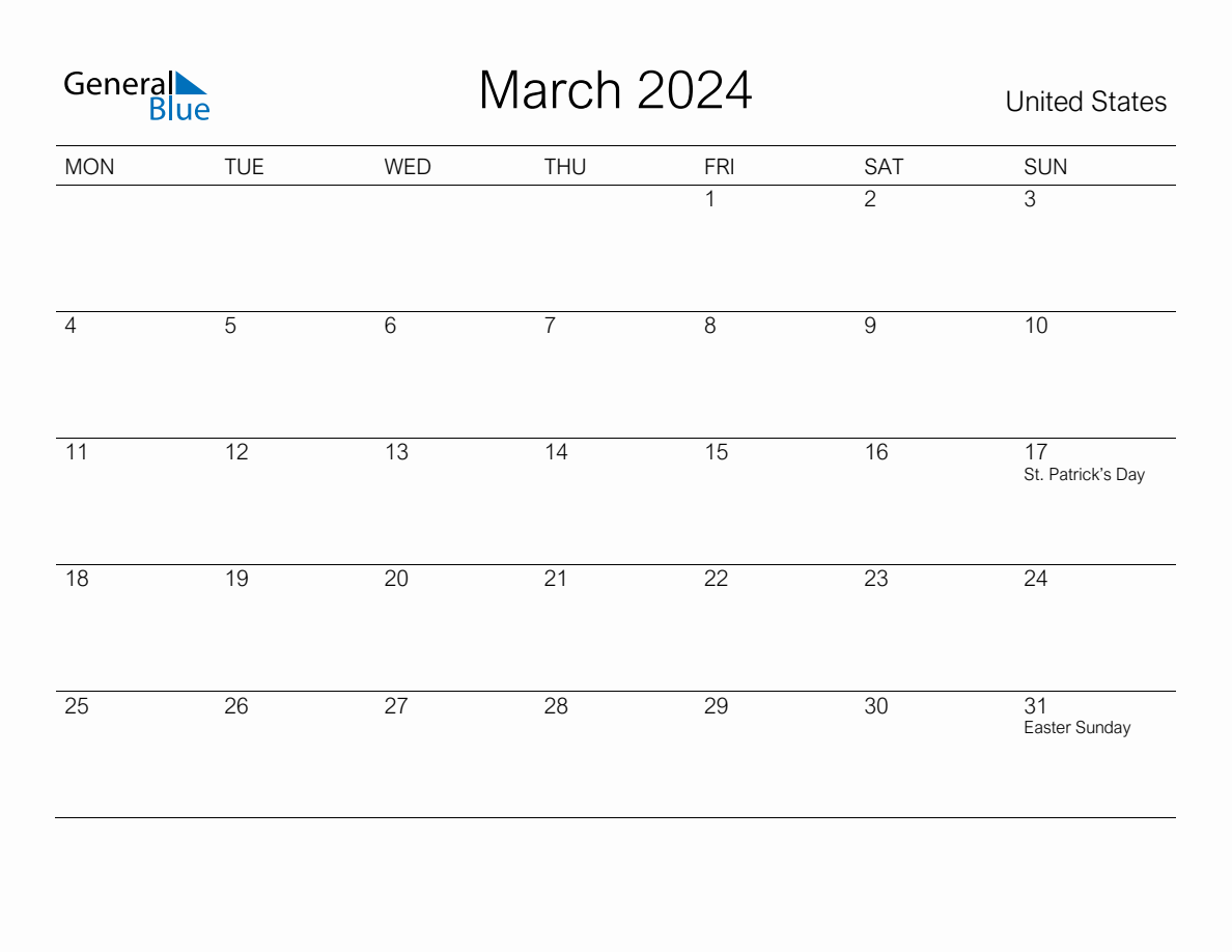 Printable March 2024 Monthly Calendar with Holidays for United States ...